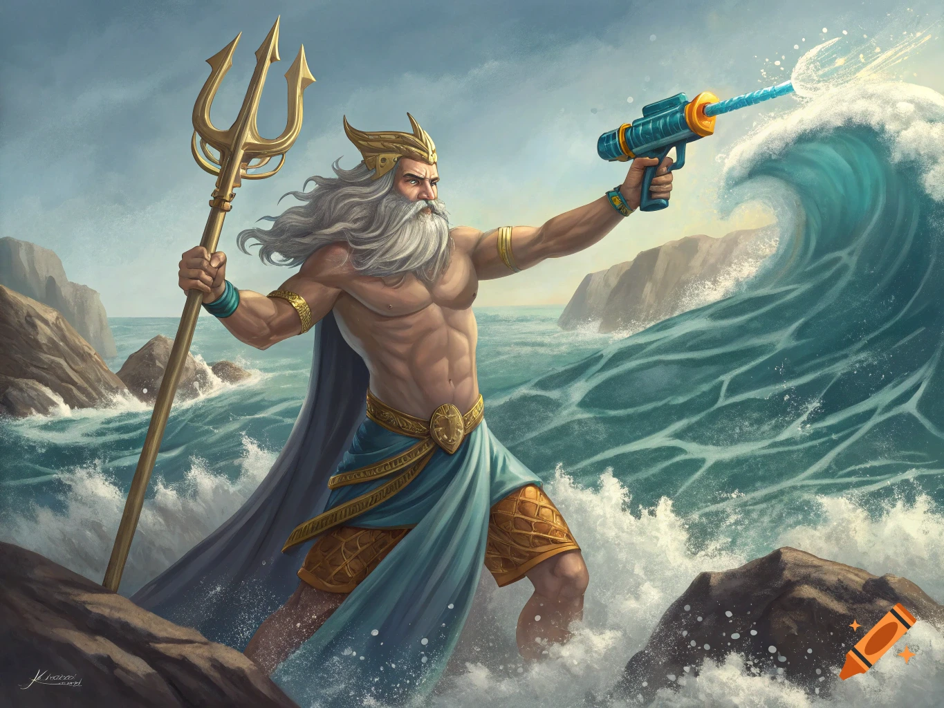 Poseidon with water guns on Craiyon