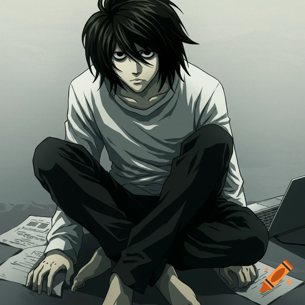 Anime character L from Death Note sitting on the floor surrounded by ...