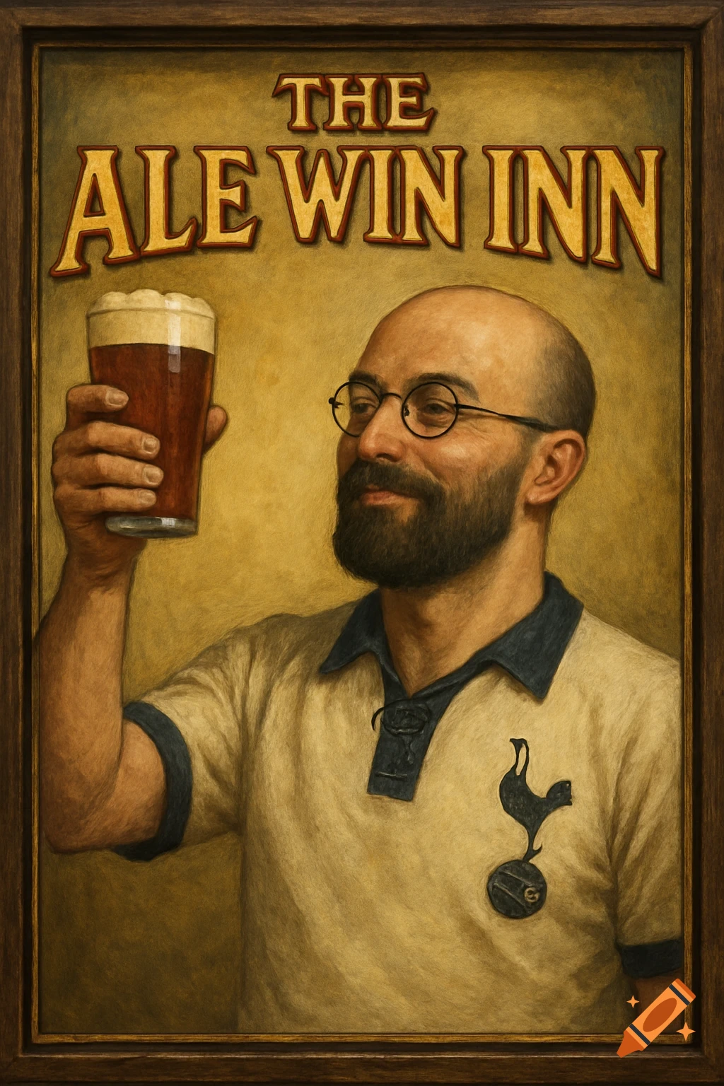 A man in a Tottenham shirt is holding a pint of beer under a pub sign ...