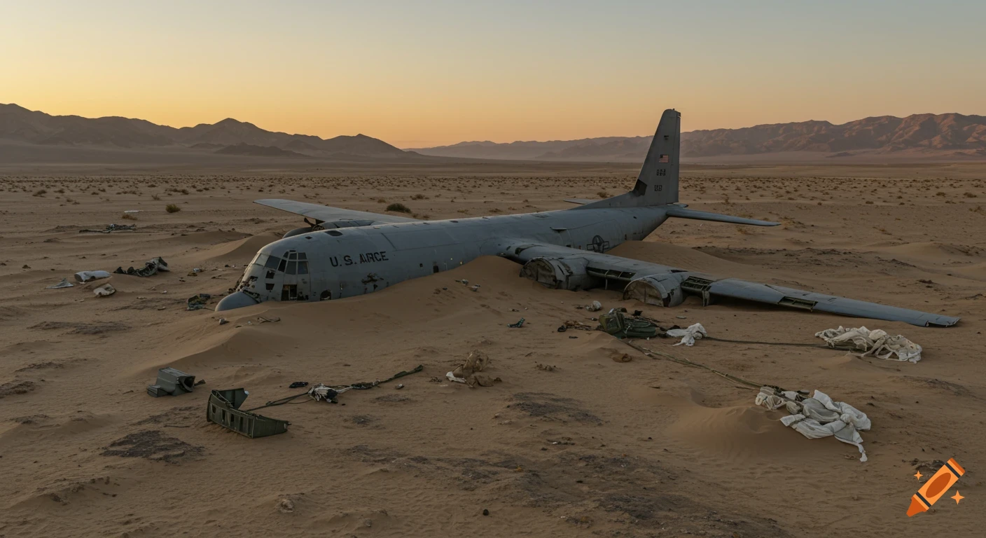 Destroyed US military aircraft in Iranian desert after Operation Eagle ...