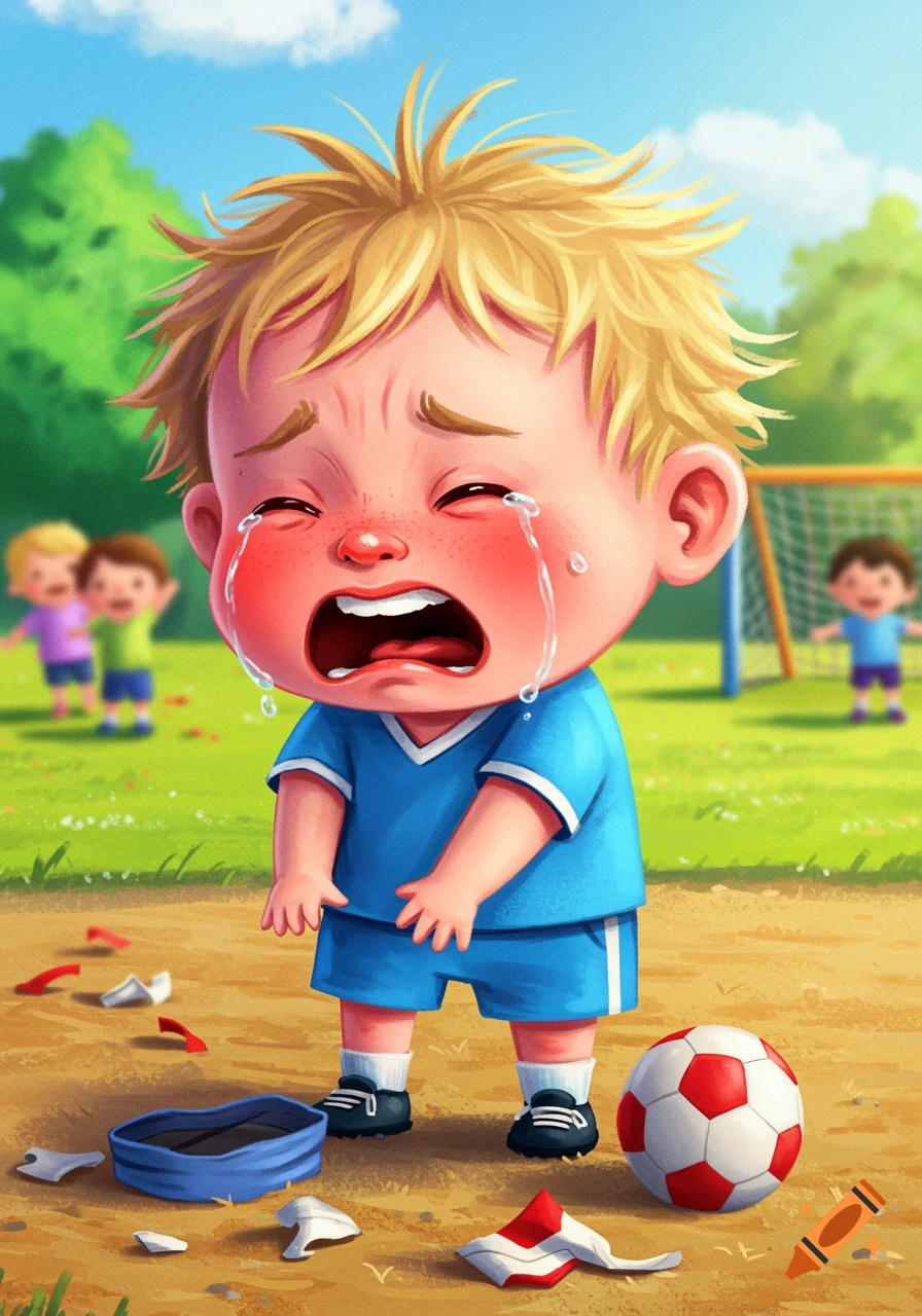 Cartoon of a crying redhead boy in a soccer uniform kicking a ball on a ...