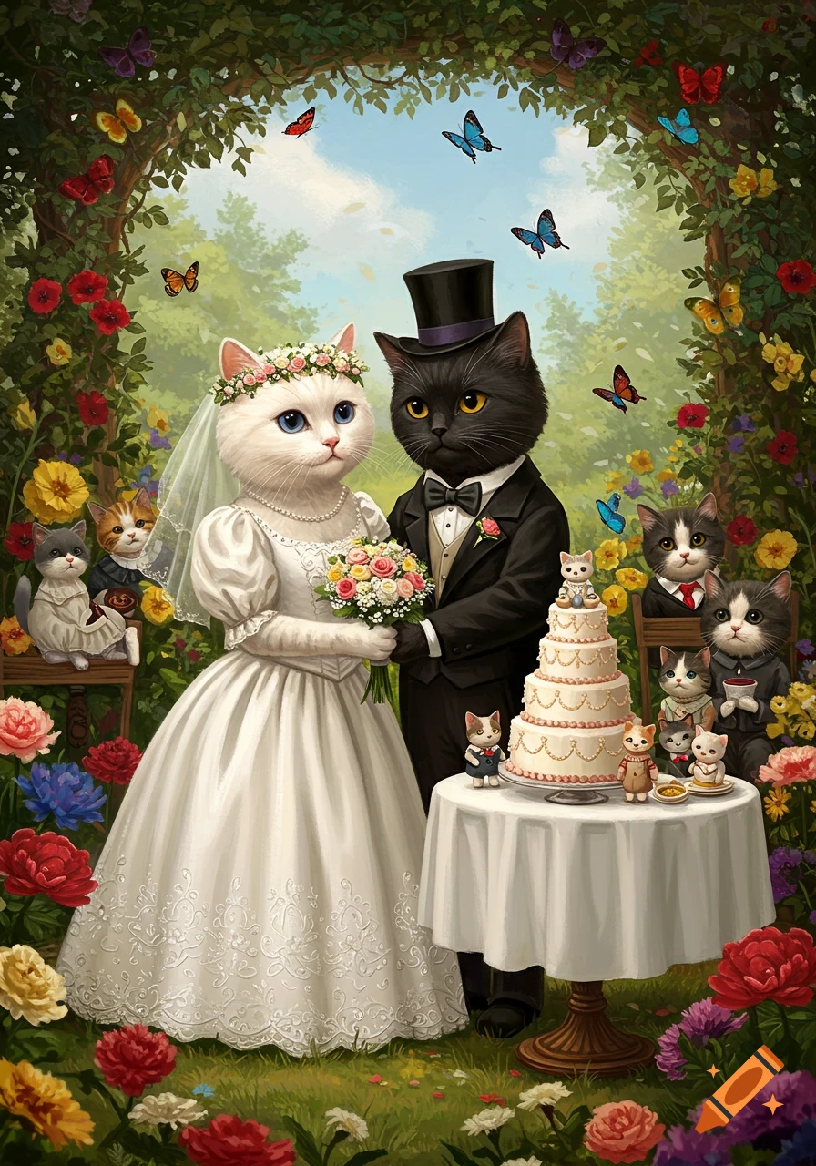 Anthropomorphic cats getting married in a garden with butterflies and ...