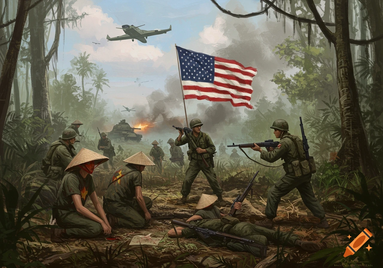 A scene depicting soldiers in a jungle during the Vietnam War, with a ...