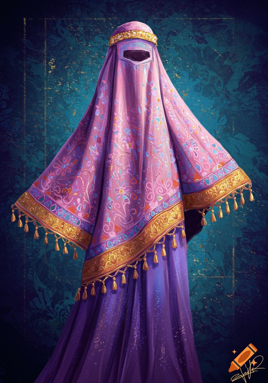 A person wearing a detailed purple and pink embroidered burqa with gold ...