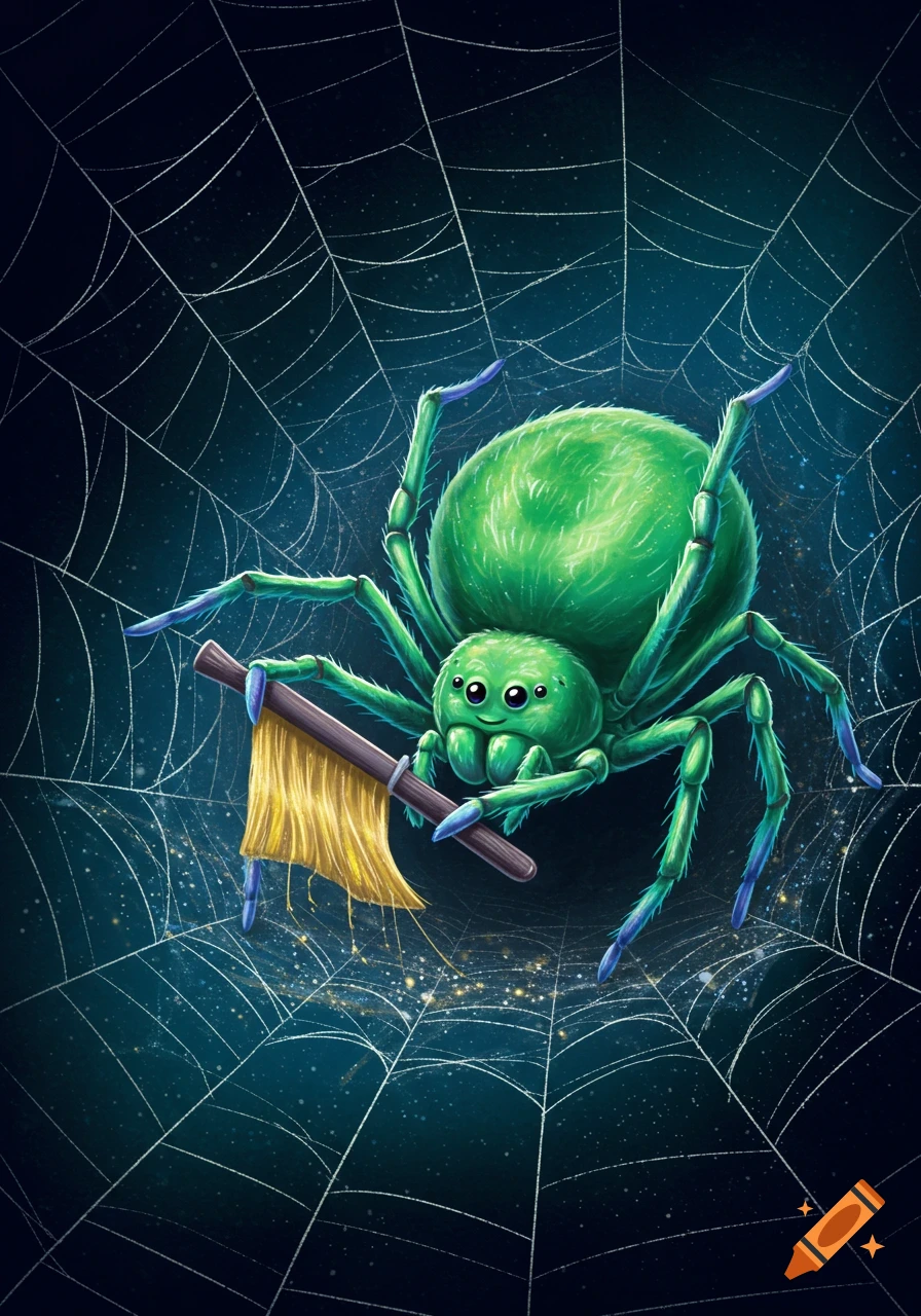 A cute green cartoon spider holds a small broom while sitting in its ...