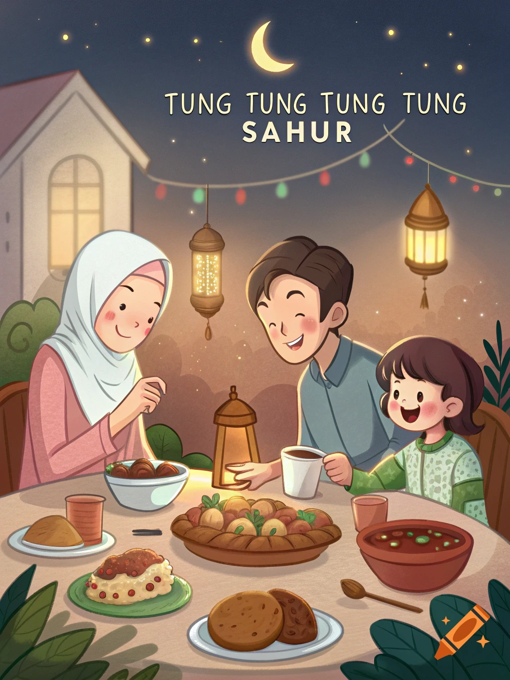 Illustration of a night market scene with people gathering and eating ...