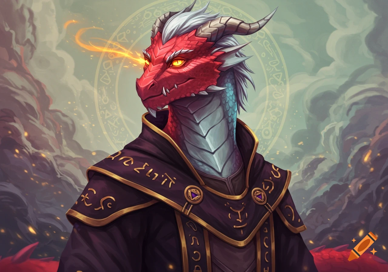 Portrait of a red and blue scaled dragonborn sorcerer in a dark robe with golden symbols ...