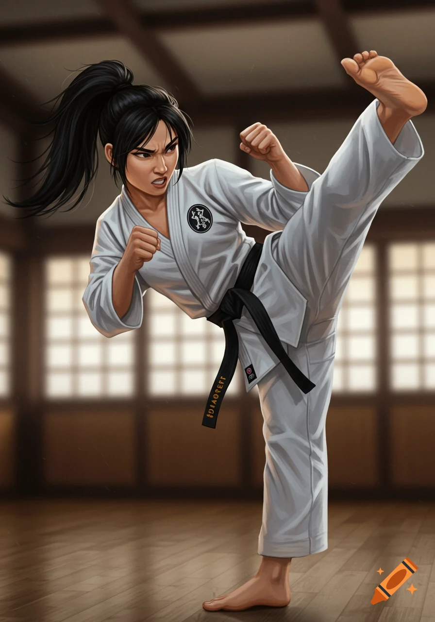 Female martial artist with a ponytail performing a high kick in a dojo ...