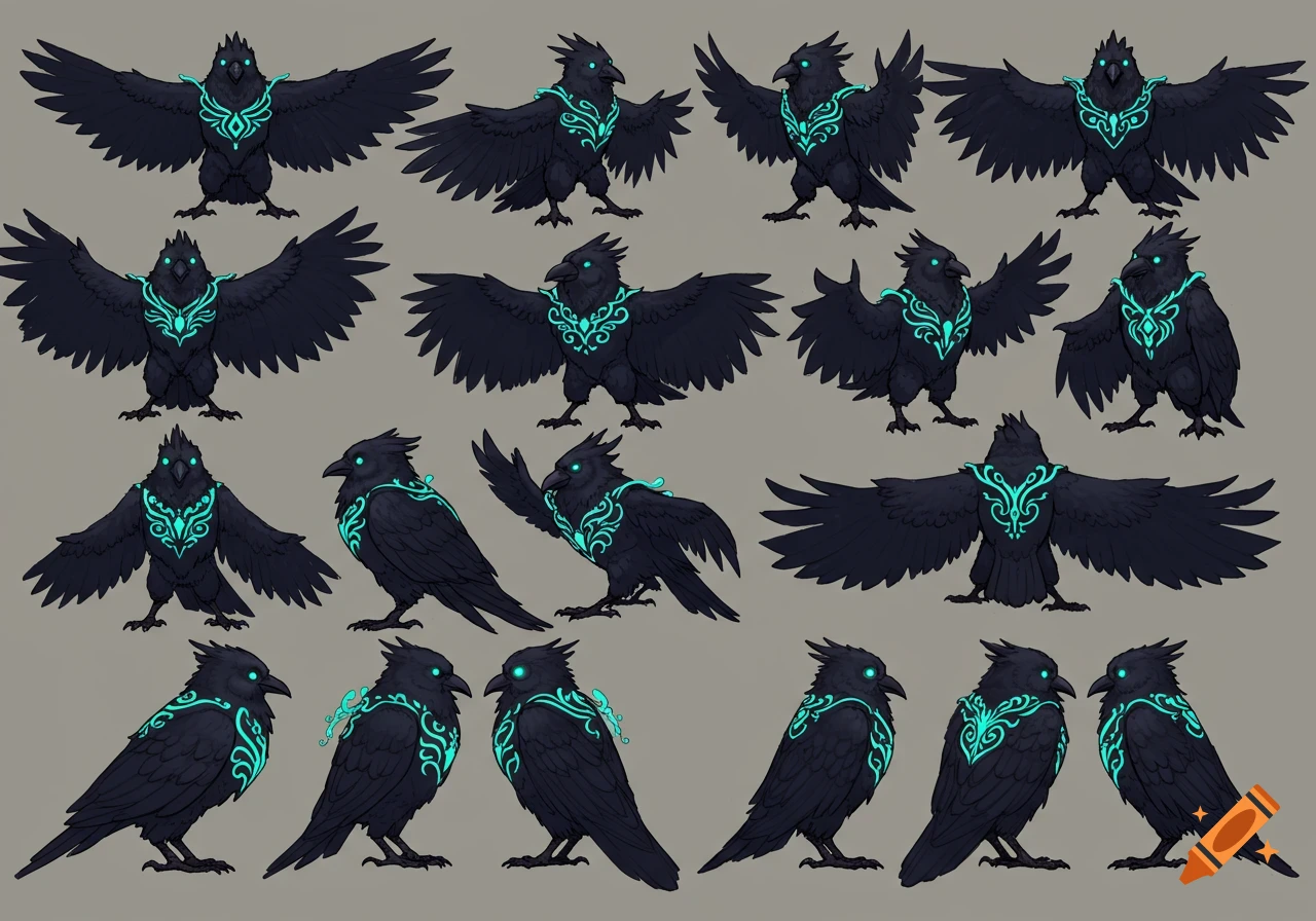 Multiple character sketches of dark fantasy crows with glowing teal ...