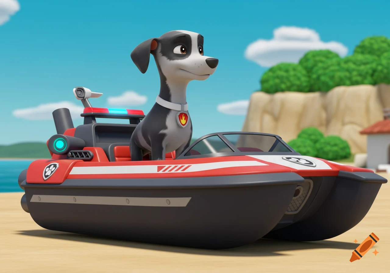 Greyhound Captain from Paw Patrol with a boat on Craiyon