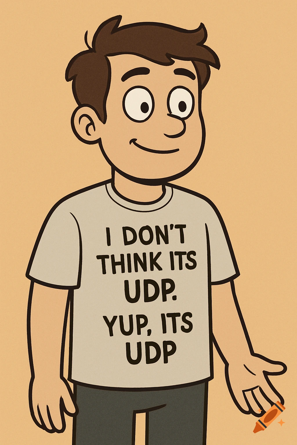 Cartoon man wearing a UDP t-shirt on Craiyon