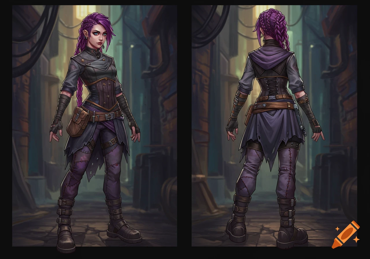 A female character in a fantasy steampunk outfit, with front and back views shown. on Craiyon