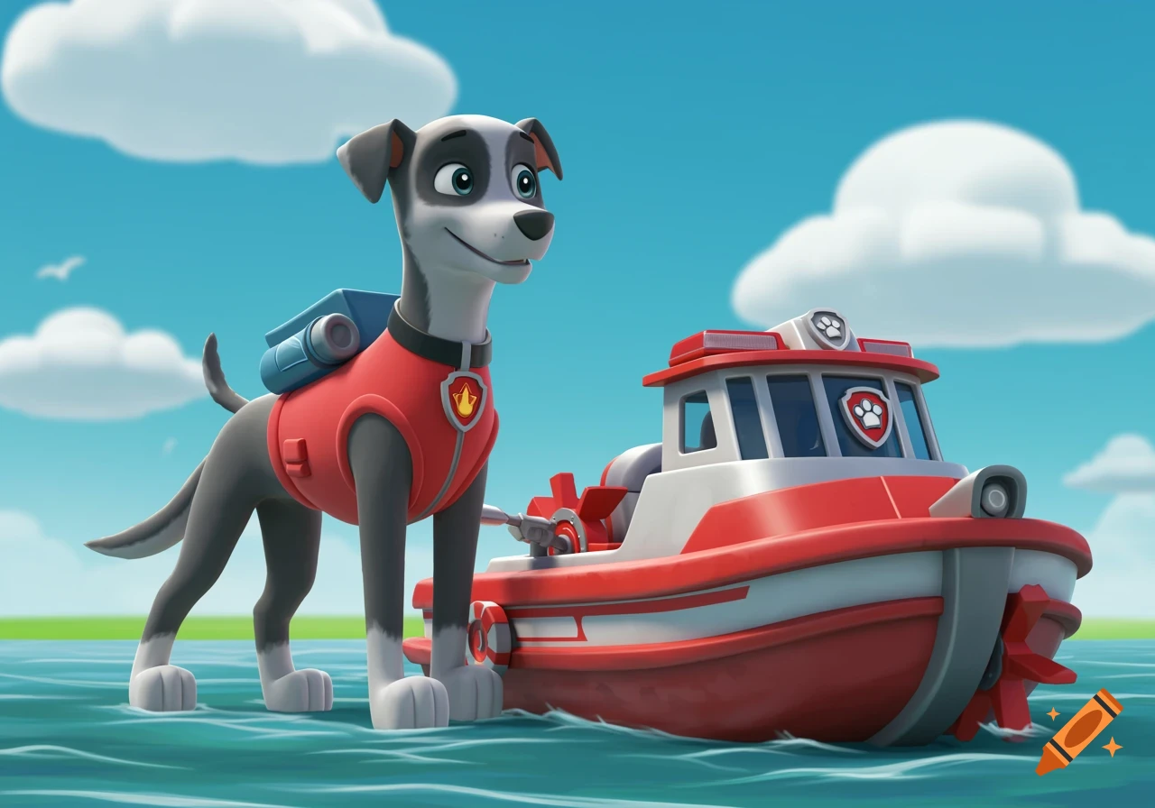 Greyhound Captain as Paw Patrol member on a boat on Craiyon