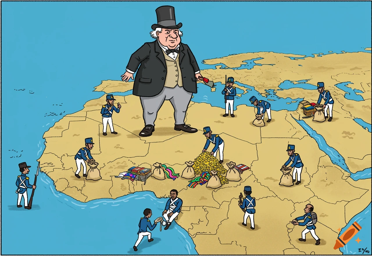 Cartoon of a giant man in a top hat standing on a map of Africa while ...