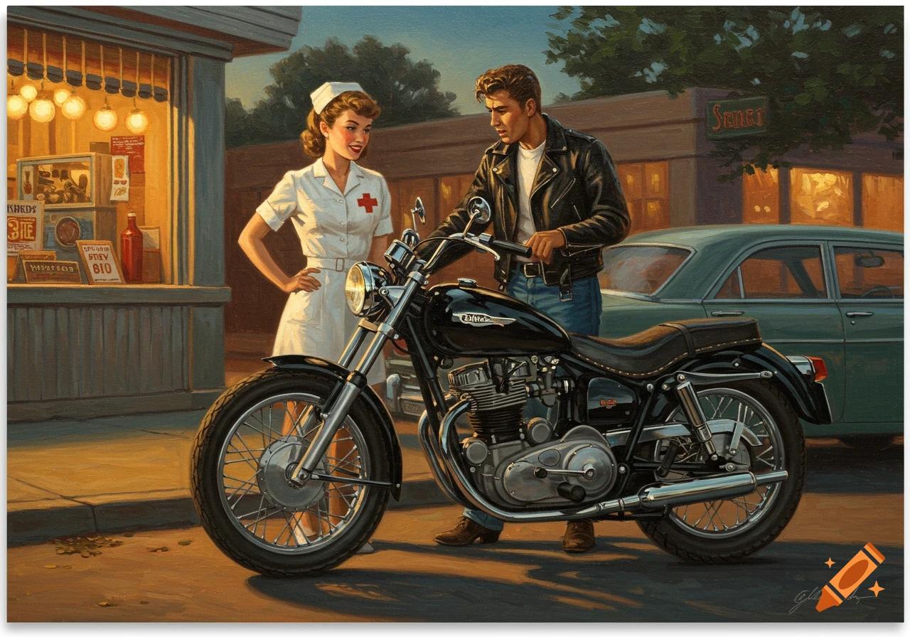 1950 oil canvas painting of a greaser and his nurse girlfriend on a ...