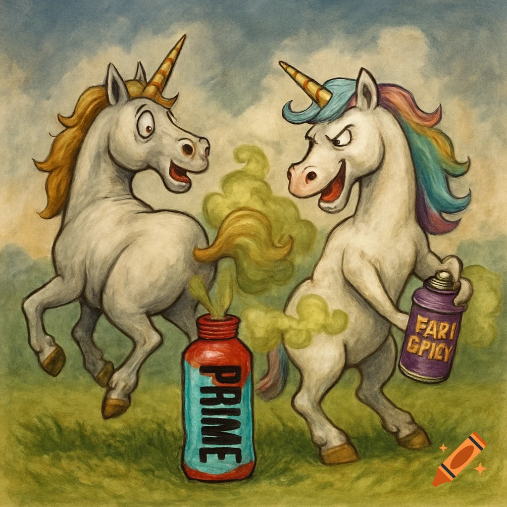 Unicorns farting into Prime bottle with fart spray on Craiyon