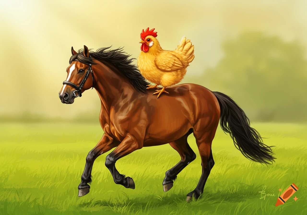 A cartoon chicken in a cowboy hat rides a galloping brown horse through ...