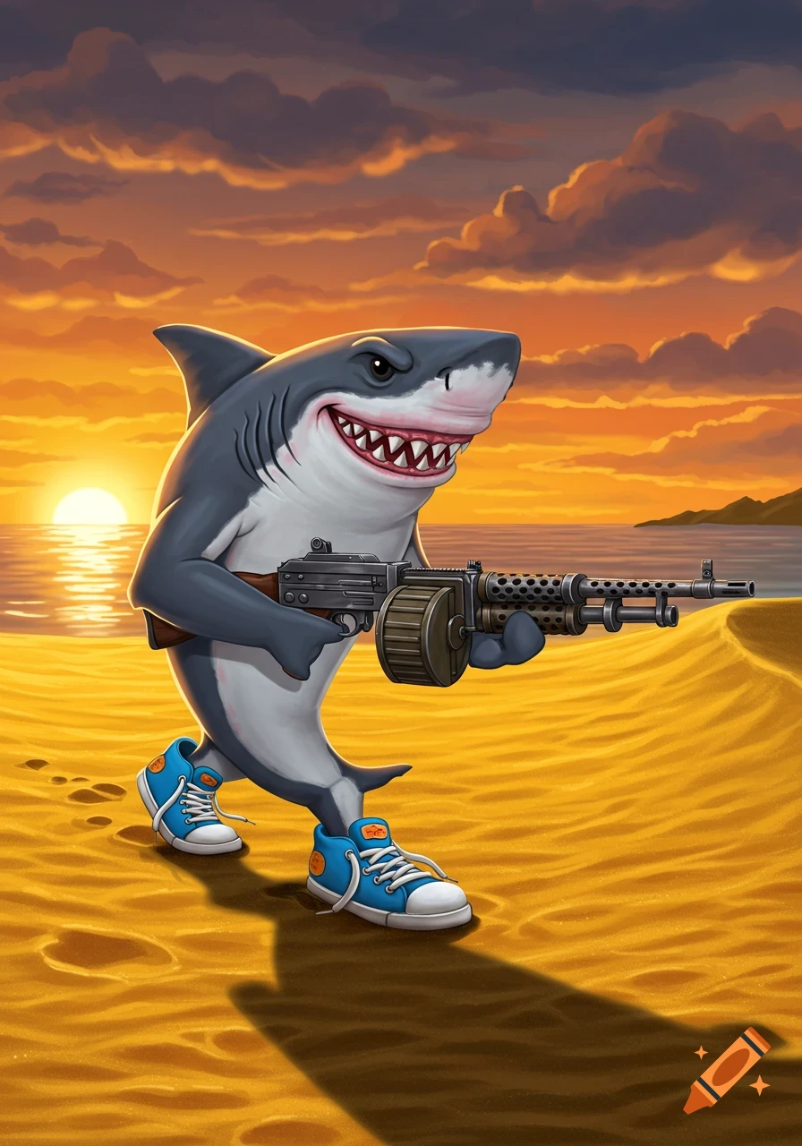 Cartoon shark in blue sneakers on beach at sunset holding a machine gun ...