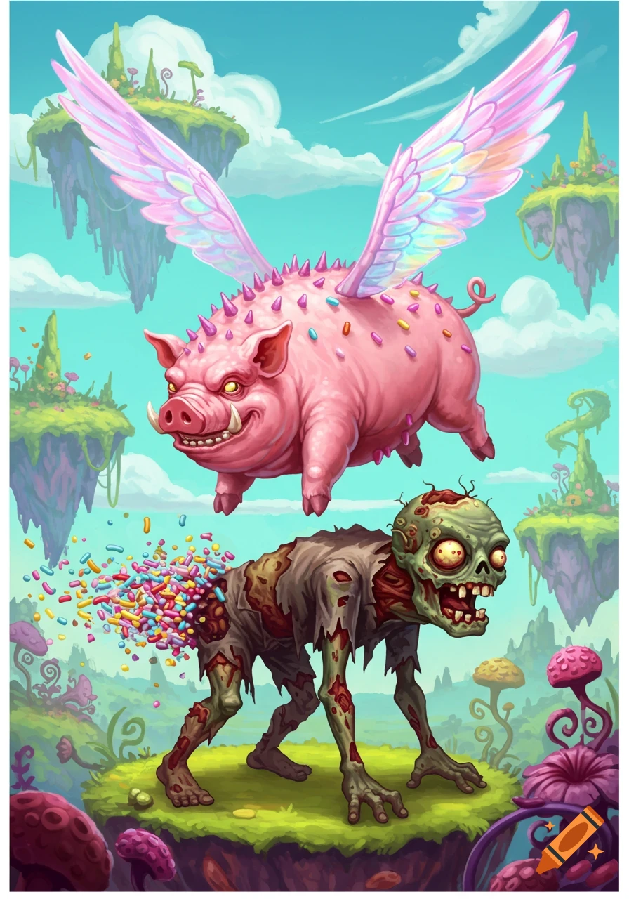 Flying mutant pig riding a zombie with sprinkles on Craiyon