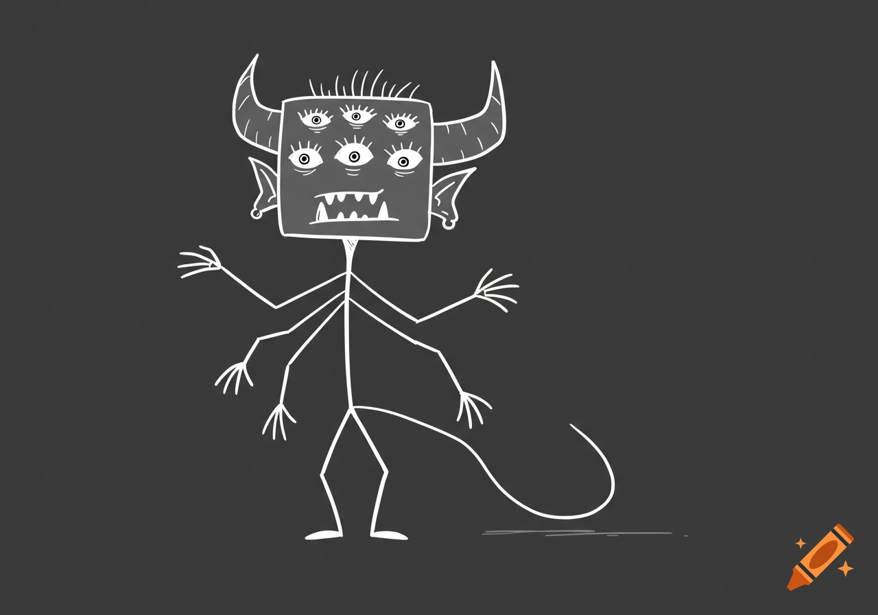 Creative stick figure monster with square head and multiple features on ...