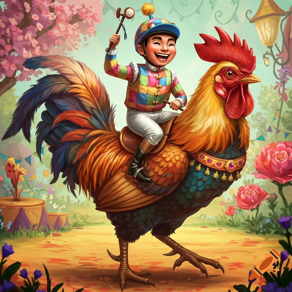 A child jockey rides a large, colorful rooster through a vibrant ...