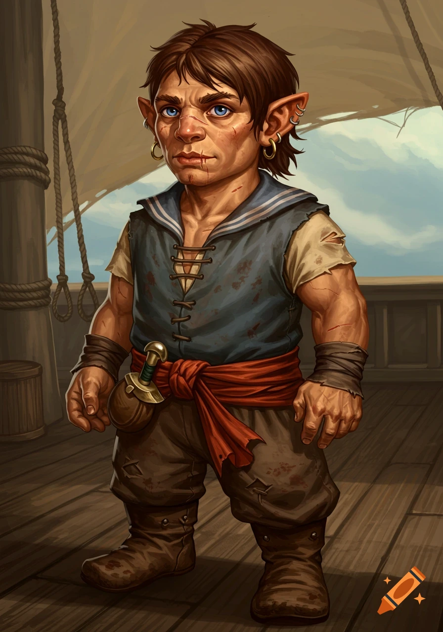 A scarred halfling sailor stands on a ship deck. on Craiyon