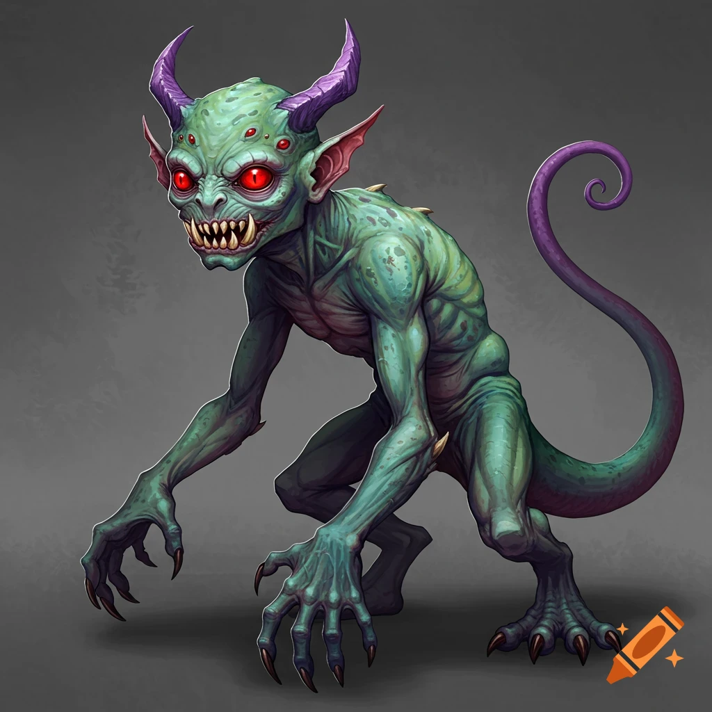 Monster with two small red eyes, green and blue skin, purple curly tail ...