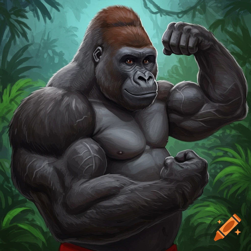A muscular gorilla flexing its biceps in a jungle on Craiyon