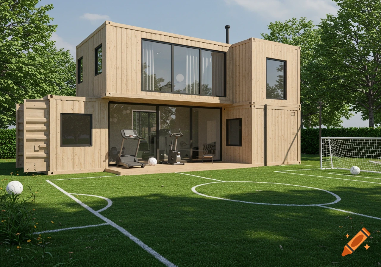 Shipping container house with Scandinavian style, home gym and football ...