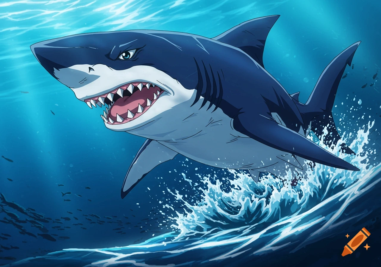 Cartoon shark leaping from the ocean in an anime style. on Craiyon