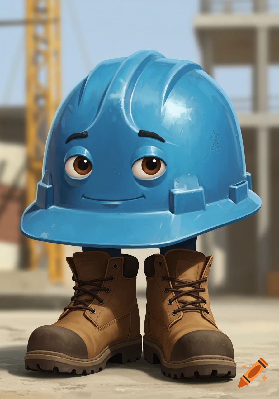 A cartoon character with a blue hard hat for a body and work boots for ...