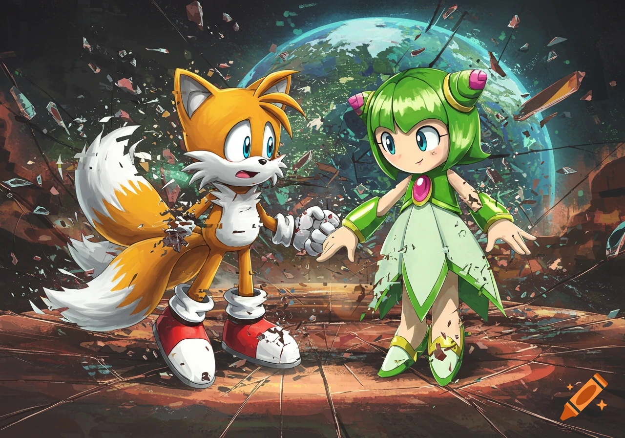 Tails and Cosmo embrace in a crumbling city landscape in a cartoon ...