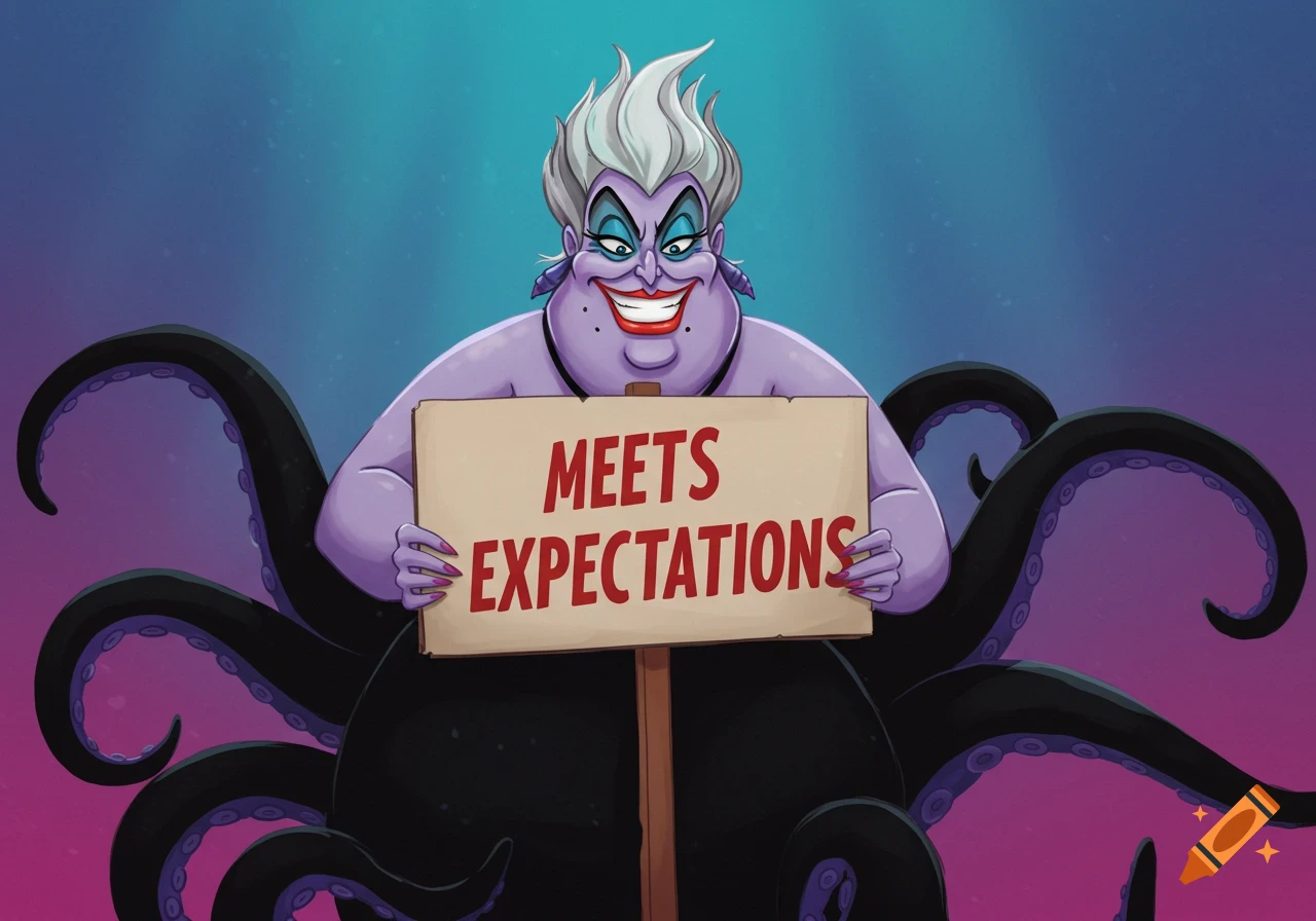 Ursula from Disney's The Little Mermaid holds a sign that says "MEETS ...