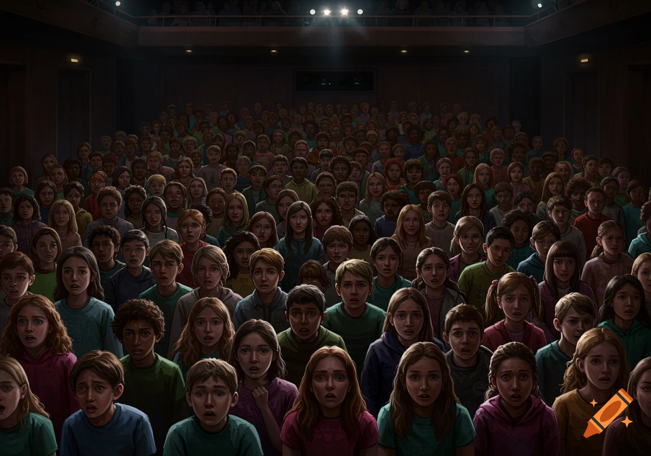 Kids in a crowded auditorium, looking scared on Craiyon