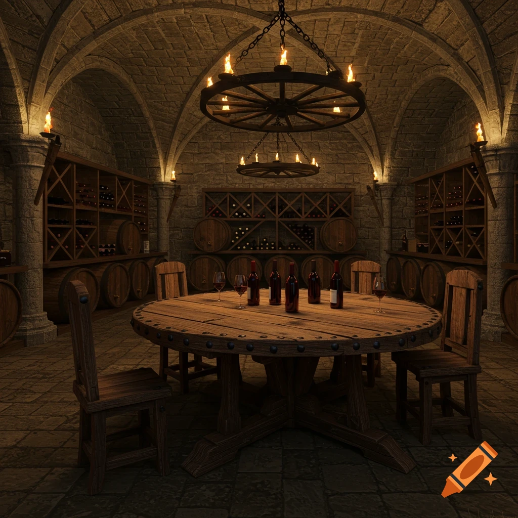 Medieval stone castle wine cellar with wine casks, table, and torch ...