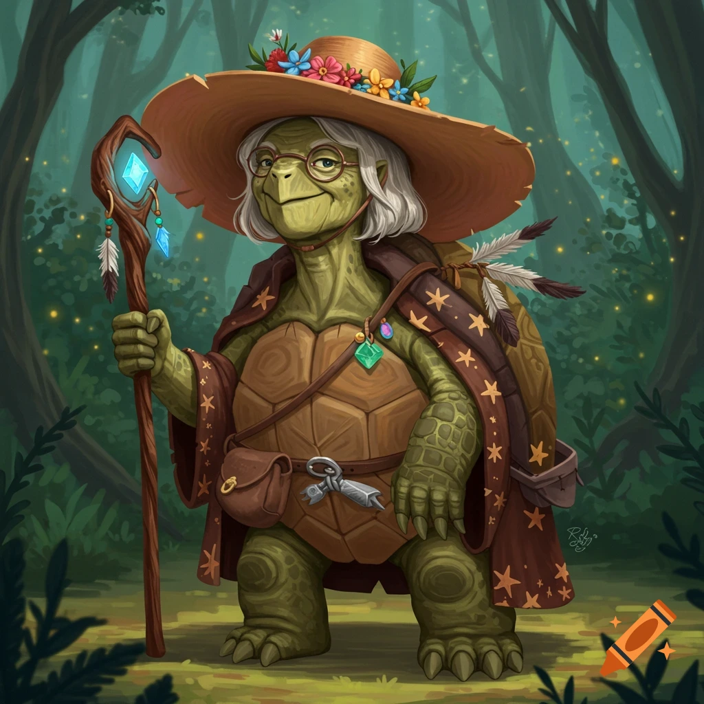 Elderly tortle adventurer in magical forest on Craiyon