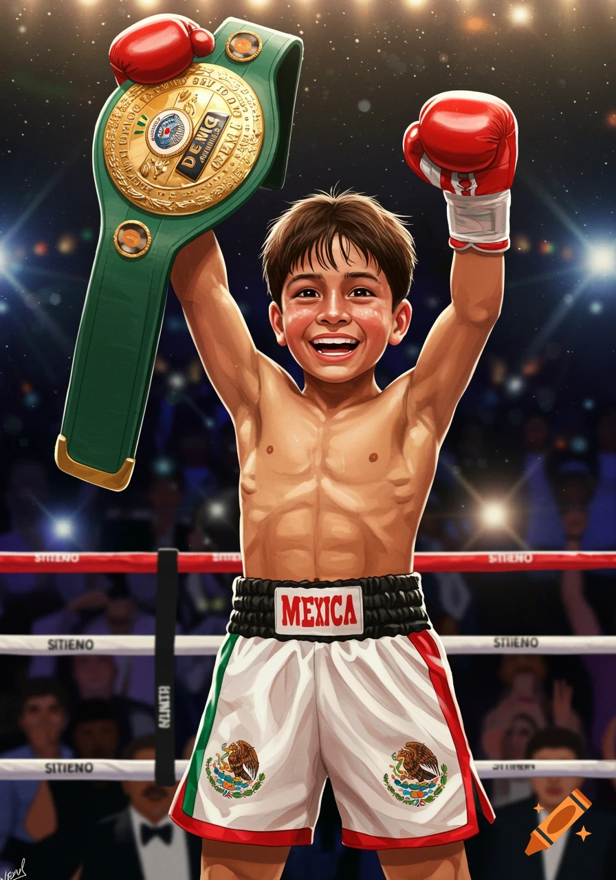 A vibrant image of a young Mexican boy boxer holding up a championship ...