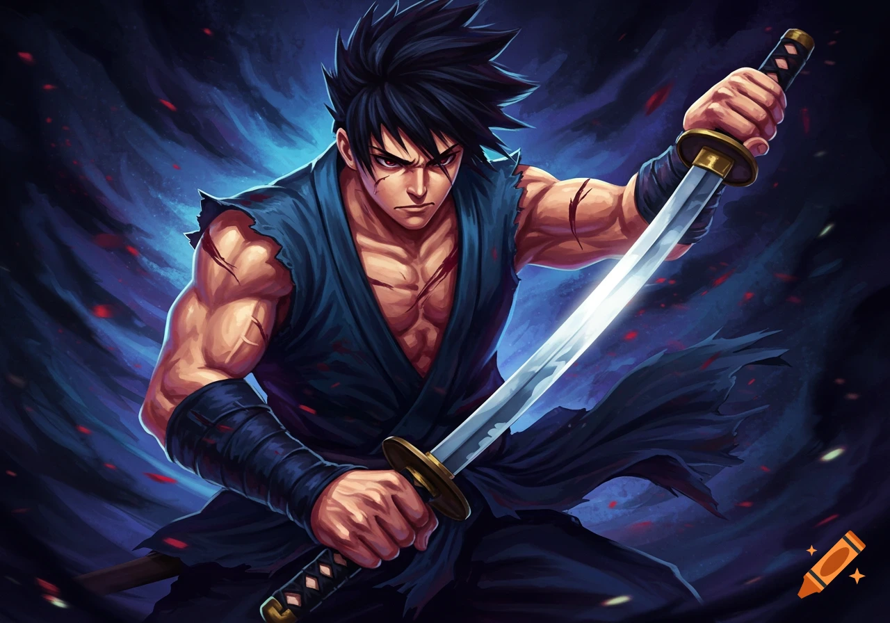 Muscular anime warrior with scars holds two swords in a dark, smoky ...