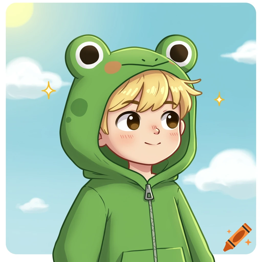 Anime Frog Boy with brown hair in a dark green frog hoodie on Craiyon