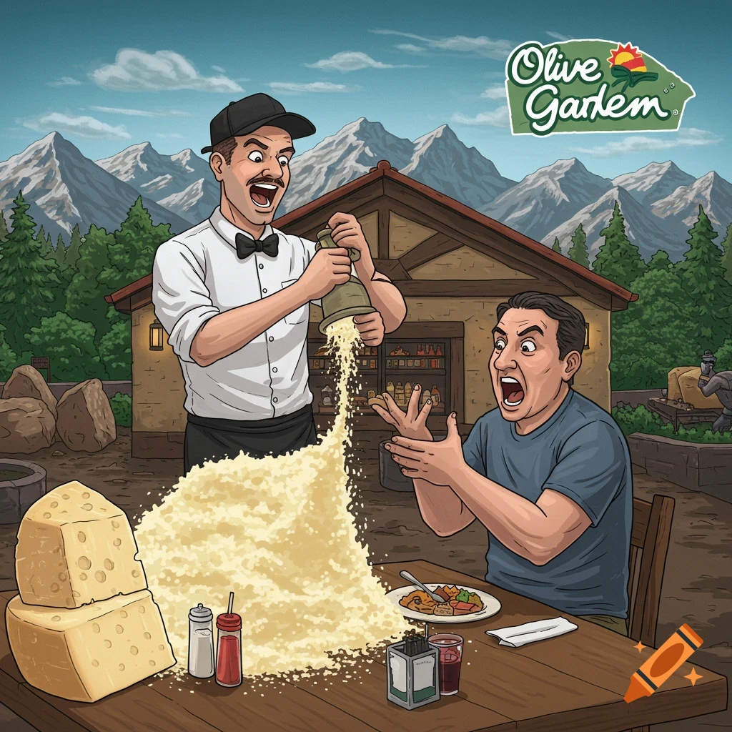Illustration of a waiter aggressively grating a huge pile of parmesan ...