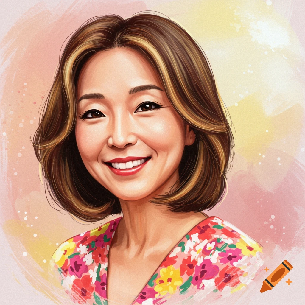 A smiling Asian woman in a floral dress with a colorful background. on ...