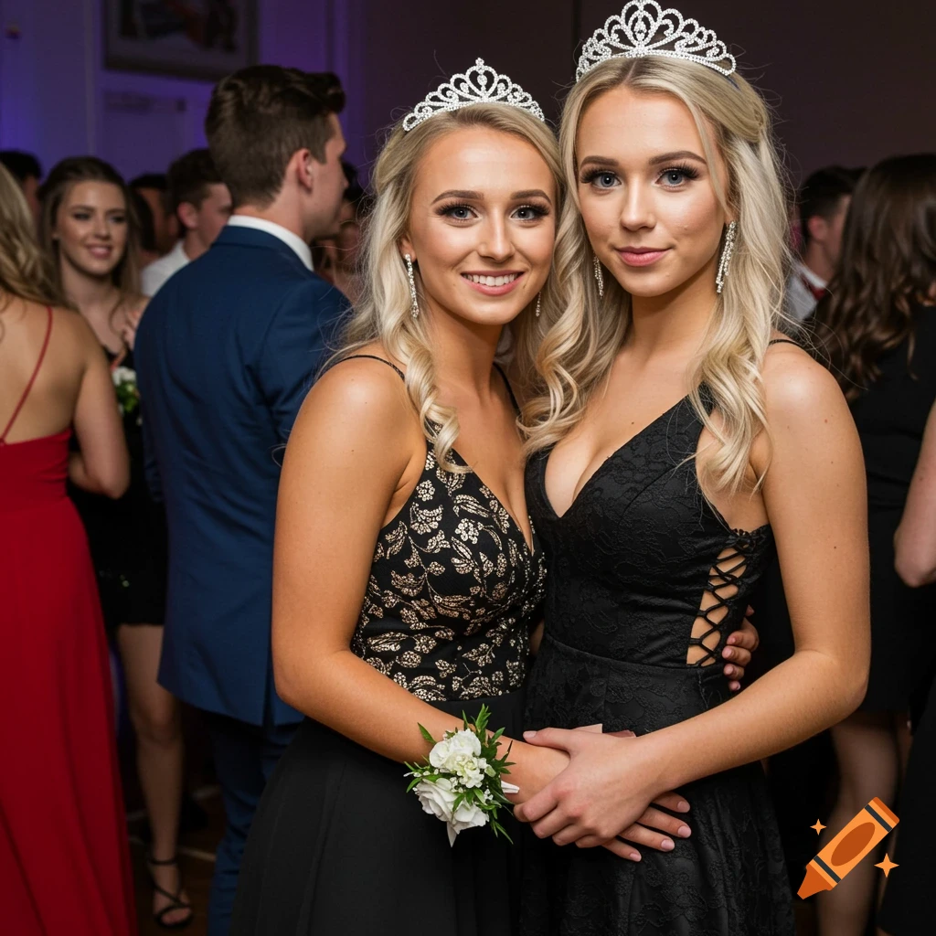 Two young women in formal dresses and tiaras stand together at a dance ...