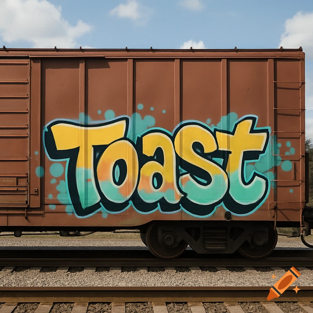Railroad boxcar with graffiti 'Toast' on Craiyon