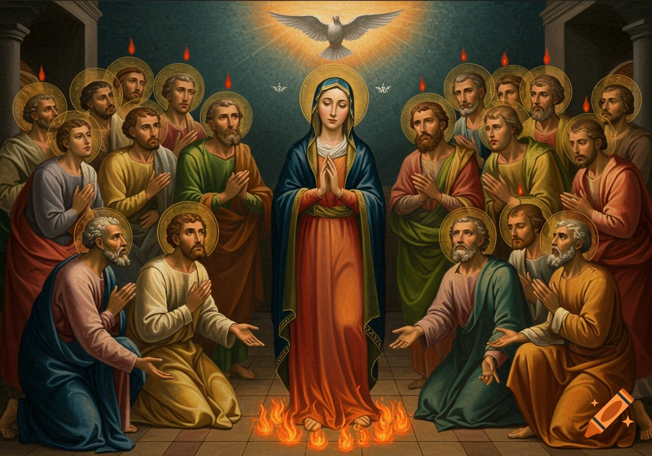 Mary and apostles with halos, fire at feet, and dove above, in a room ...