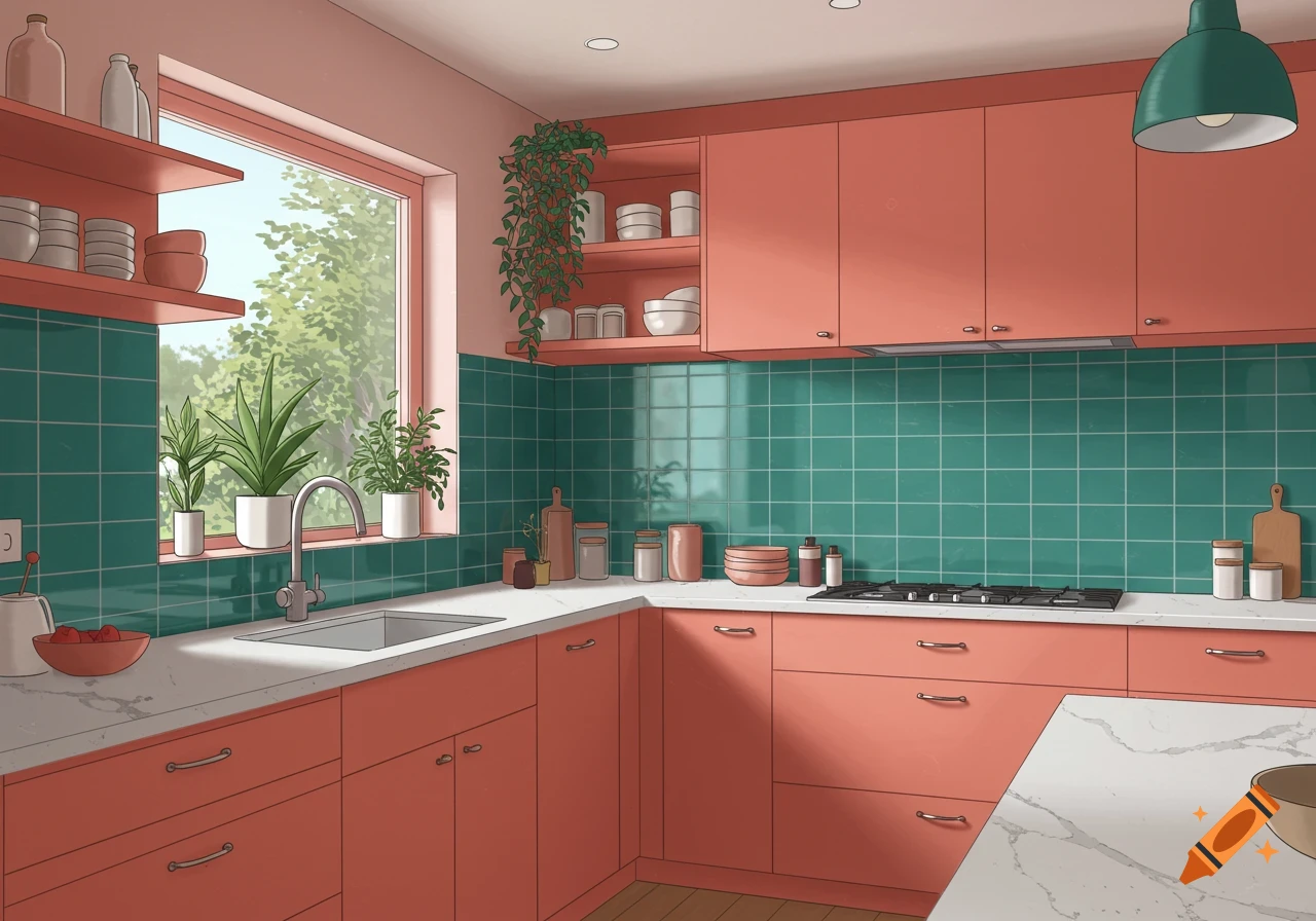 A kitchen with coral cabinets, teal tile backsplash, and quartz ...
