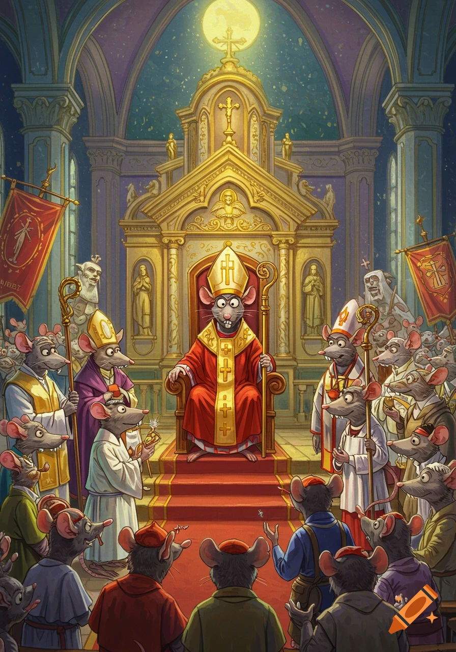 A rat dressed as a pope sits on a throne in a church, surrounded by ...