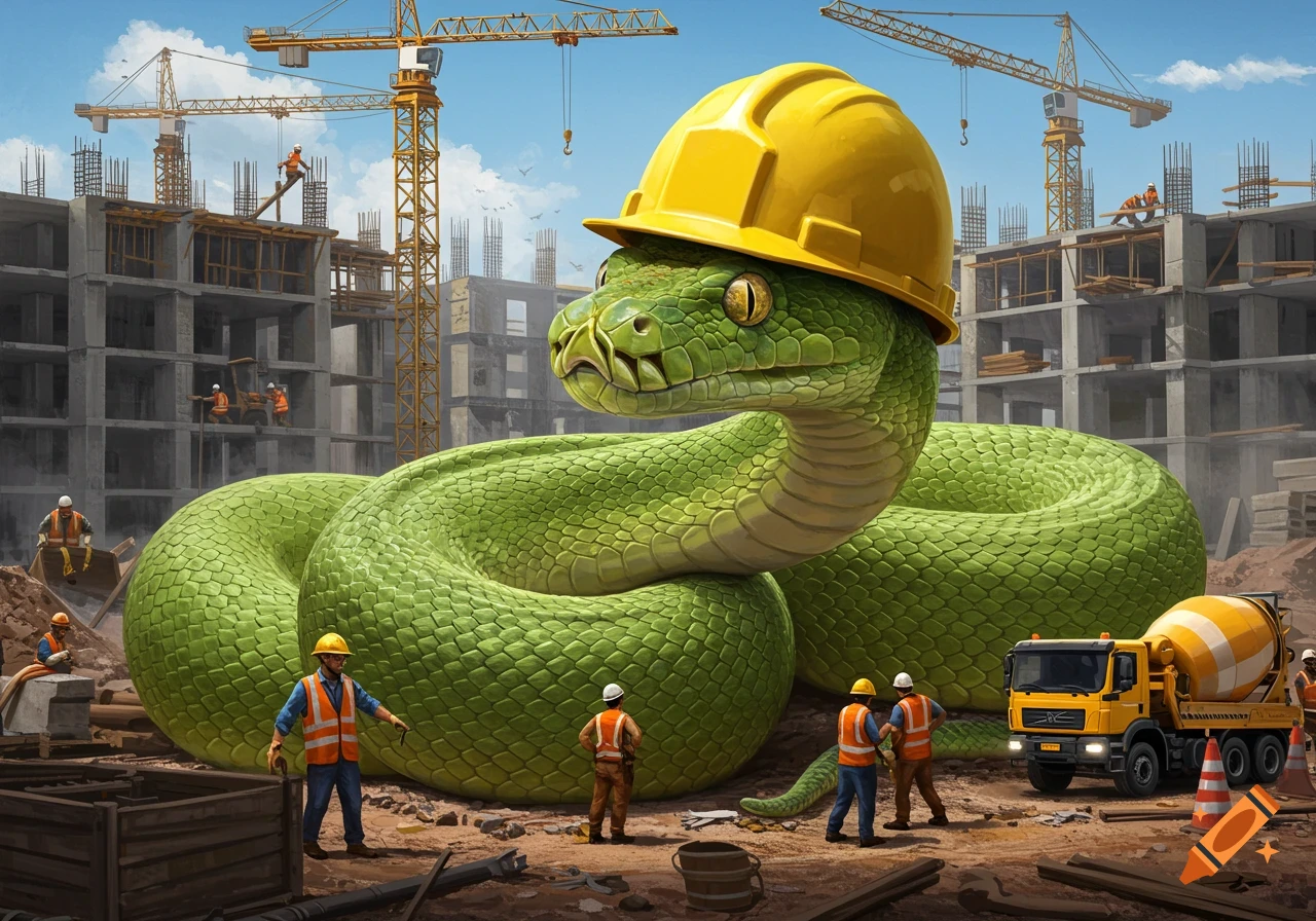 A large green snake wearing a hard hat at a construction site with ...