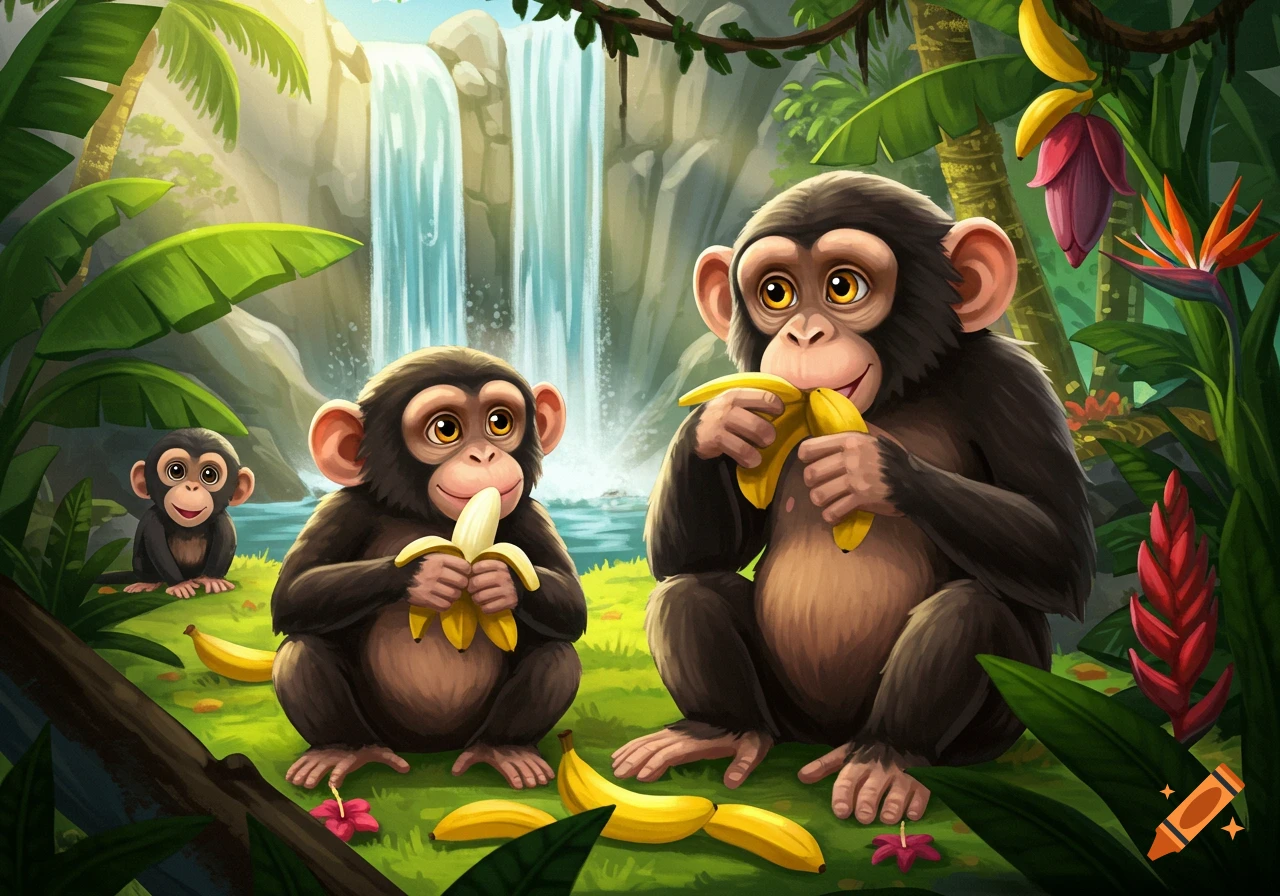 A smiling boy with Down syndrome and an orangutan hold hands in a lush, sunlit jungle, in an ...