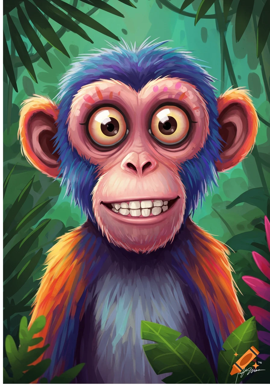 A goofy monkey with far apart eyes in a jungle. on Craiyon