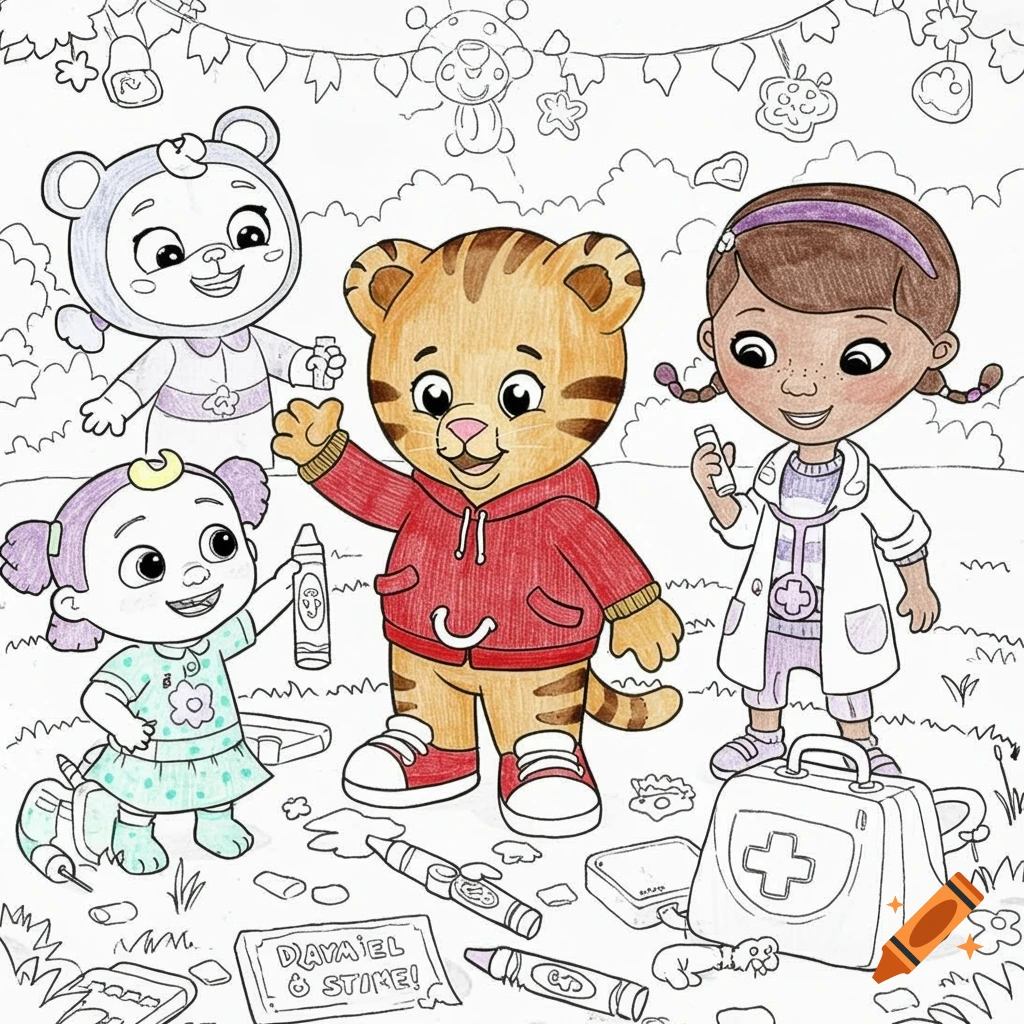 Daniel Tiger, Cocomelon, and Doc McStuffins coloring page on Craiyon
